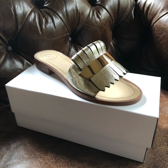 1901 | Shoes | Kilt Fringe Metallic Slide Slip On Flat Sandals | Poshmark